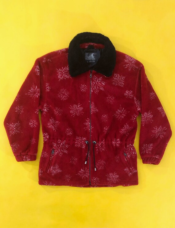 VTG 90s Snowflake Print Fleece Jacket Collared Drawst… - Gem