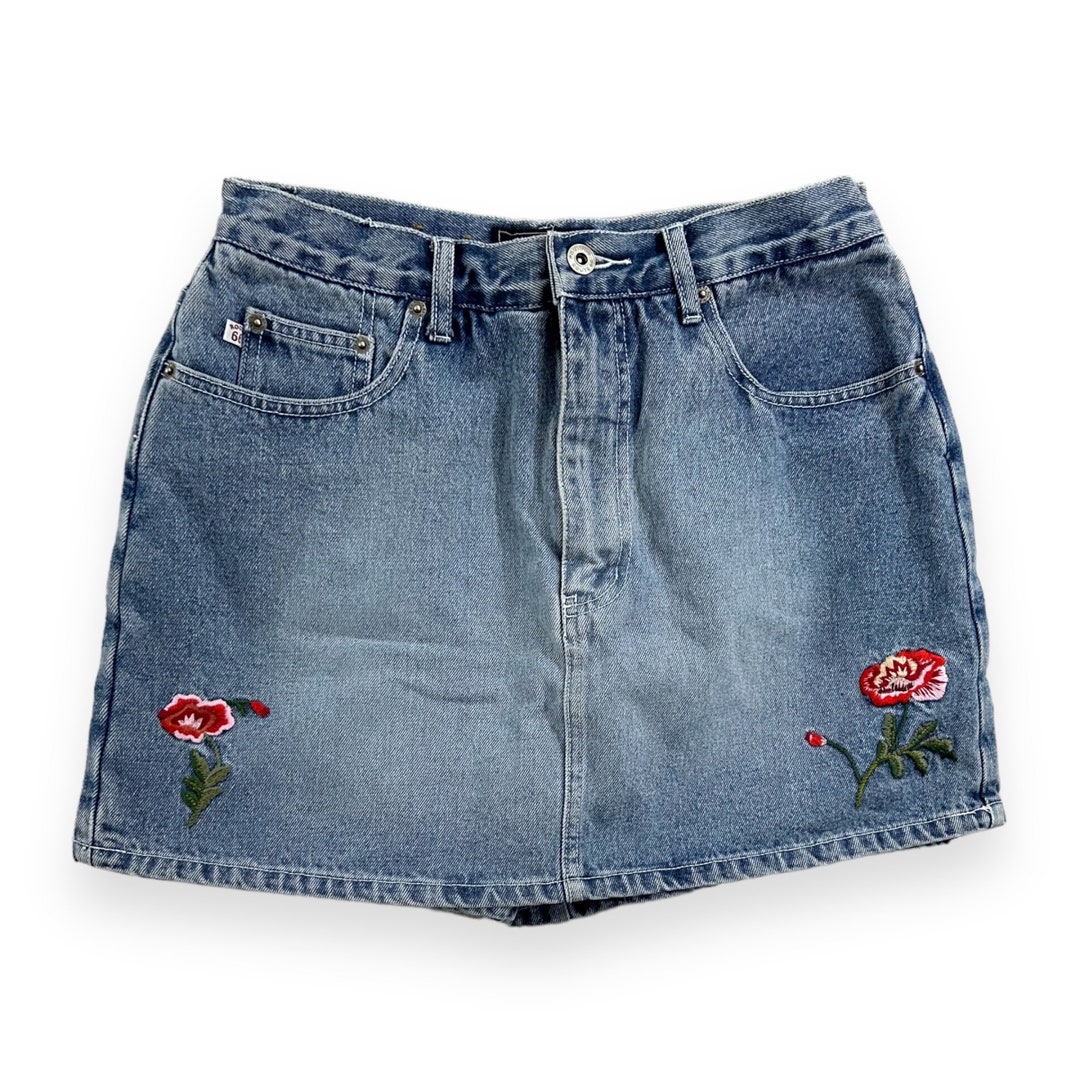 VTG 90s Boho Floral Embroidered Light Wash Denim High Waisted Skort ...