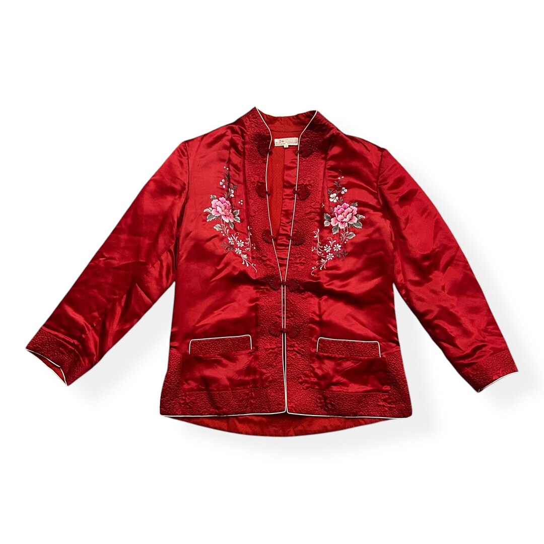 VTG 80s Red Satin Silk Floral Asian Jacket Mandarin Collar Frog Closure ...