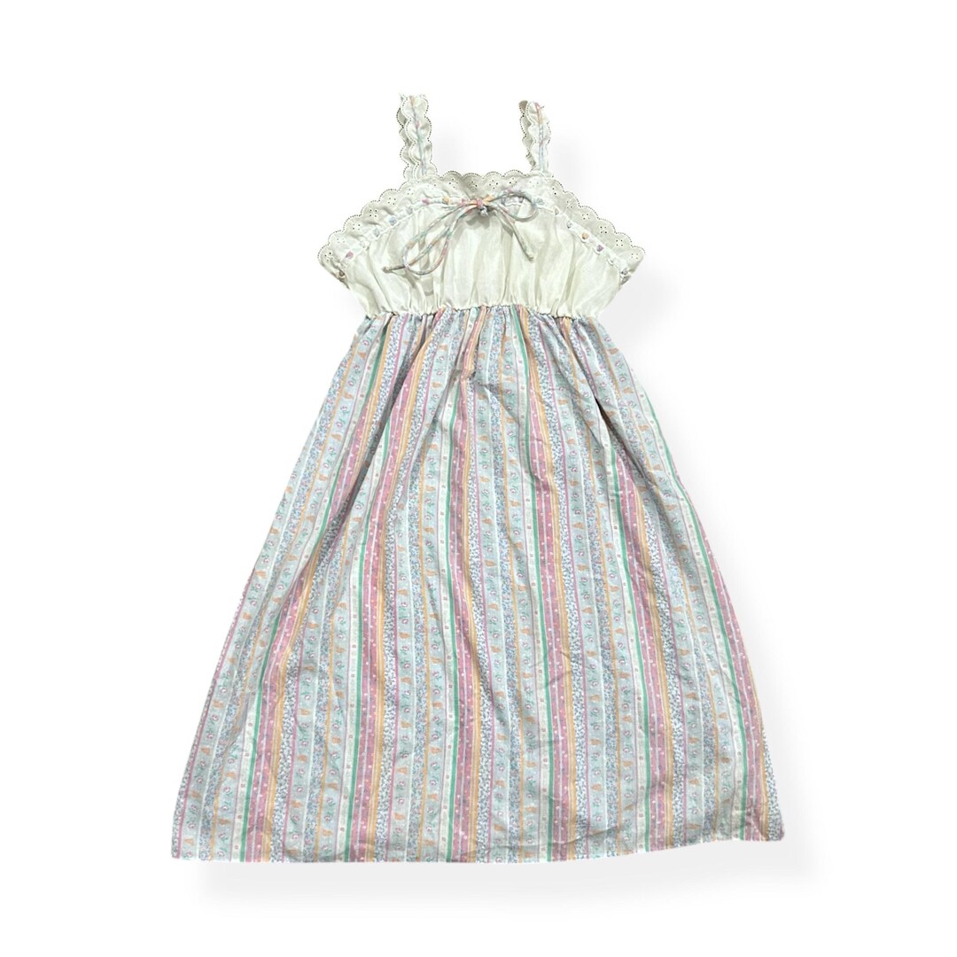 VTG 70s Girls Boho Pastel Floral Striped Eyelet Trim Sundress Peasant ...