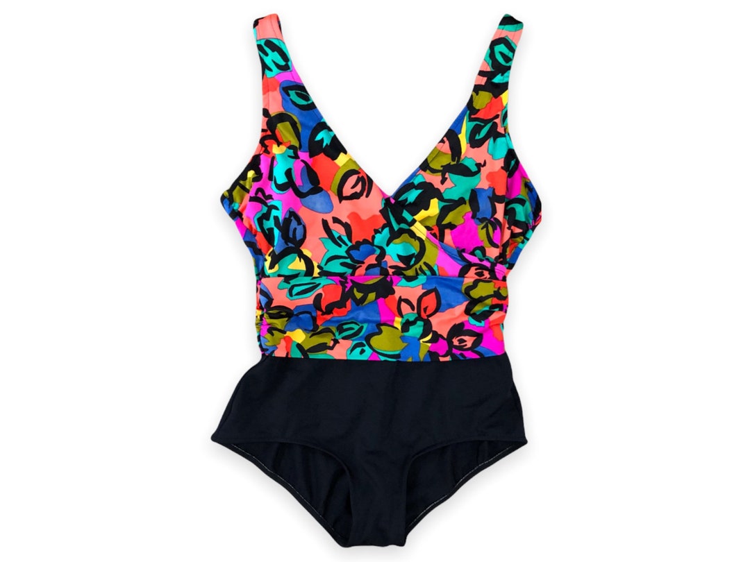 VTG 90s Catalina Neon Abstract Floral One Piece Swim Suit Wrap Front ...