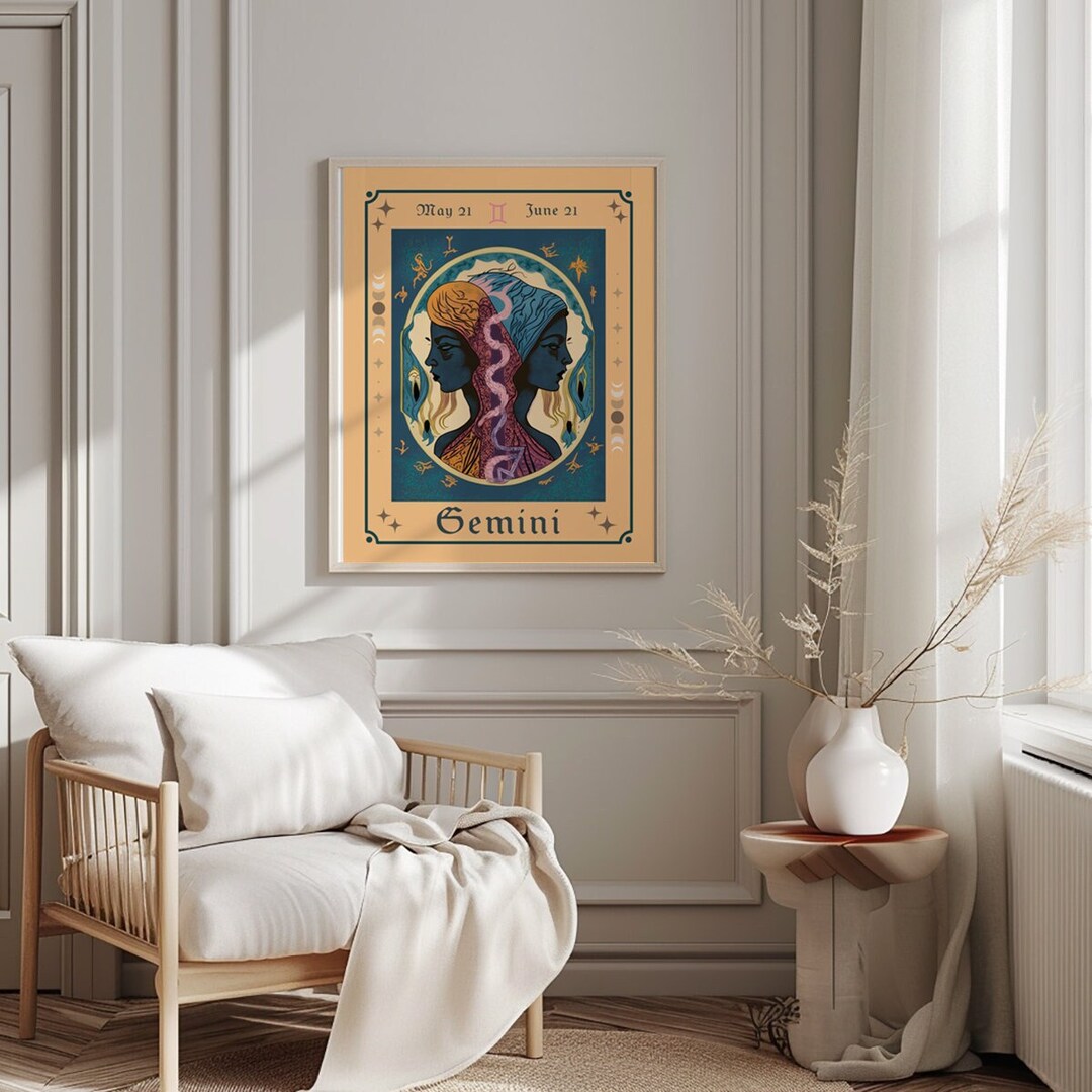 Gemini Framed Art Gemini Tarot Style Print Zodiac Framed Prints Star ...