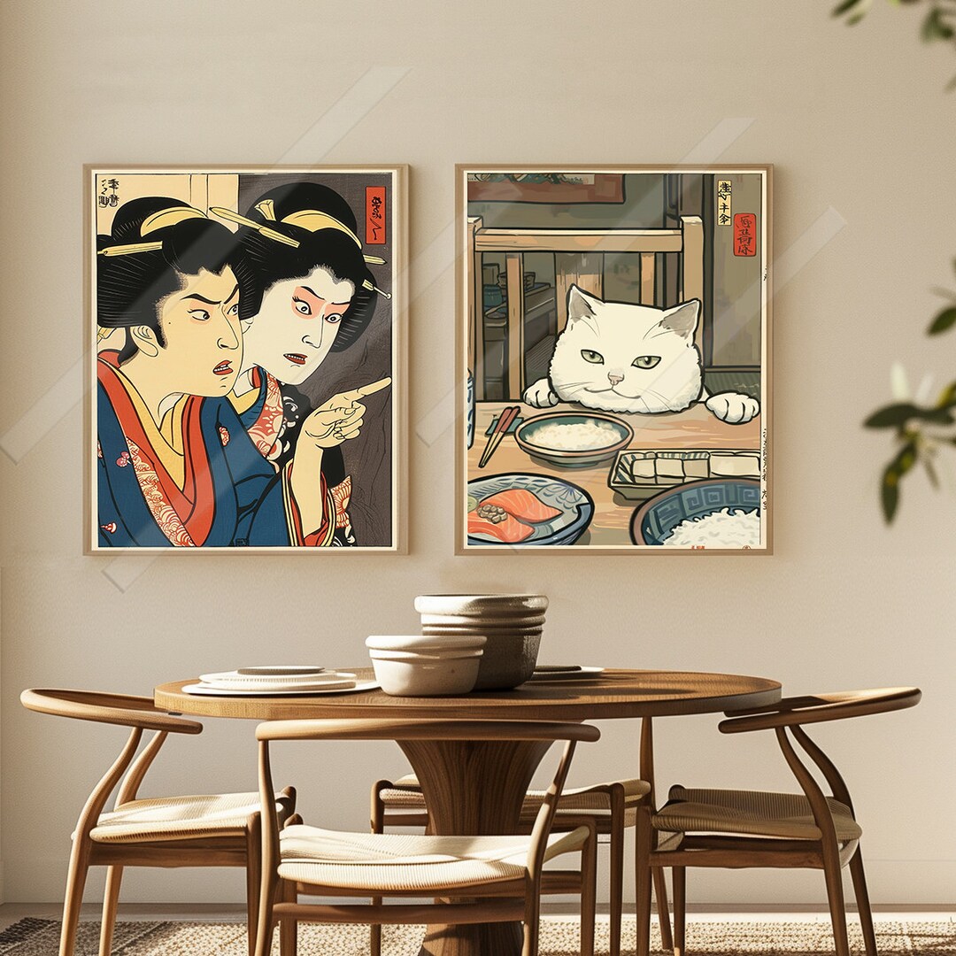 Framed Woman Yelling at Cat - Set of 2 Funny Cat Prints - Seikō Ueno's ...