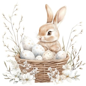 14 Easter Bunny Clipart L Bunny in Basket White Flowers L JPG Digital ...
