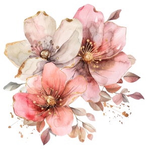 10 Abstract Flowers Clipart L Pink Blush Watercolor Gold Foil Floral L ...