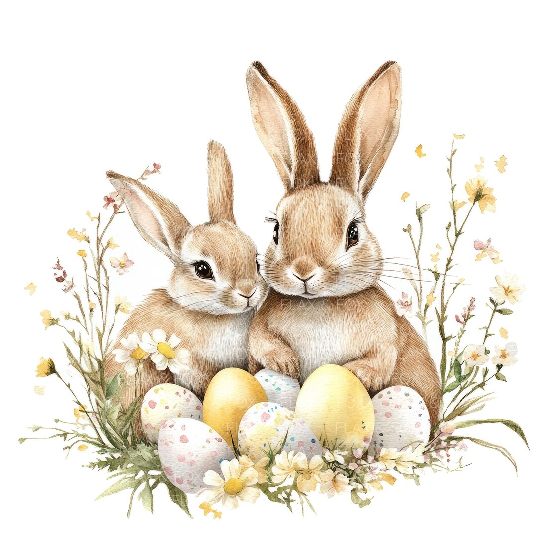 10 Easter Bunny Clipart L Cute Baby Bunny Yellow Flowers L JPG Digital ...