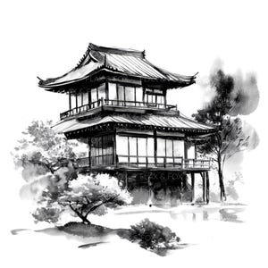 10 Black Ink Japanese House Clipart L Japan Sumi Ink Tree L JPG Digital ...