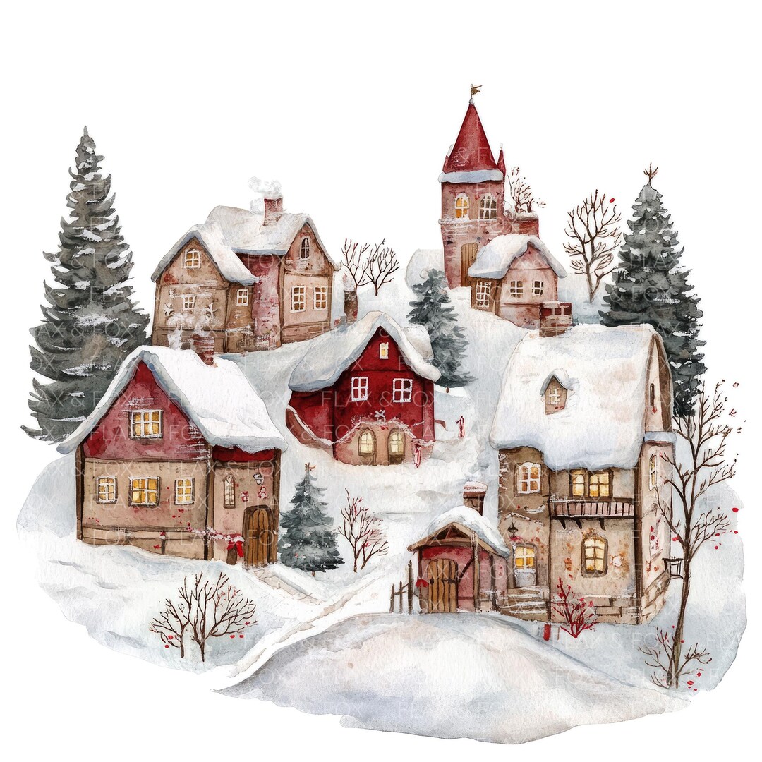 10 Christmas Village Clipart L Xmas Card Decor L JPG Digital Download L ...
