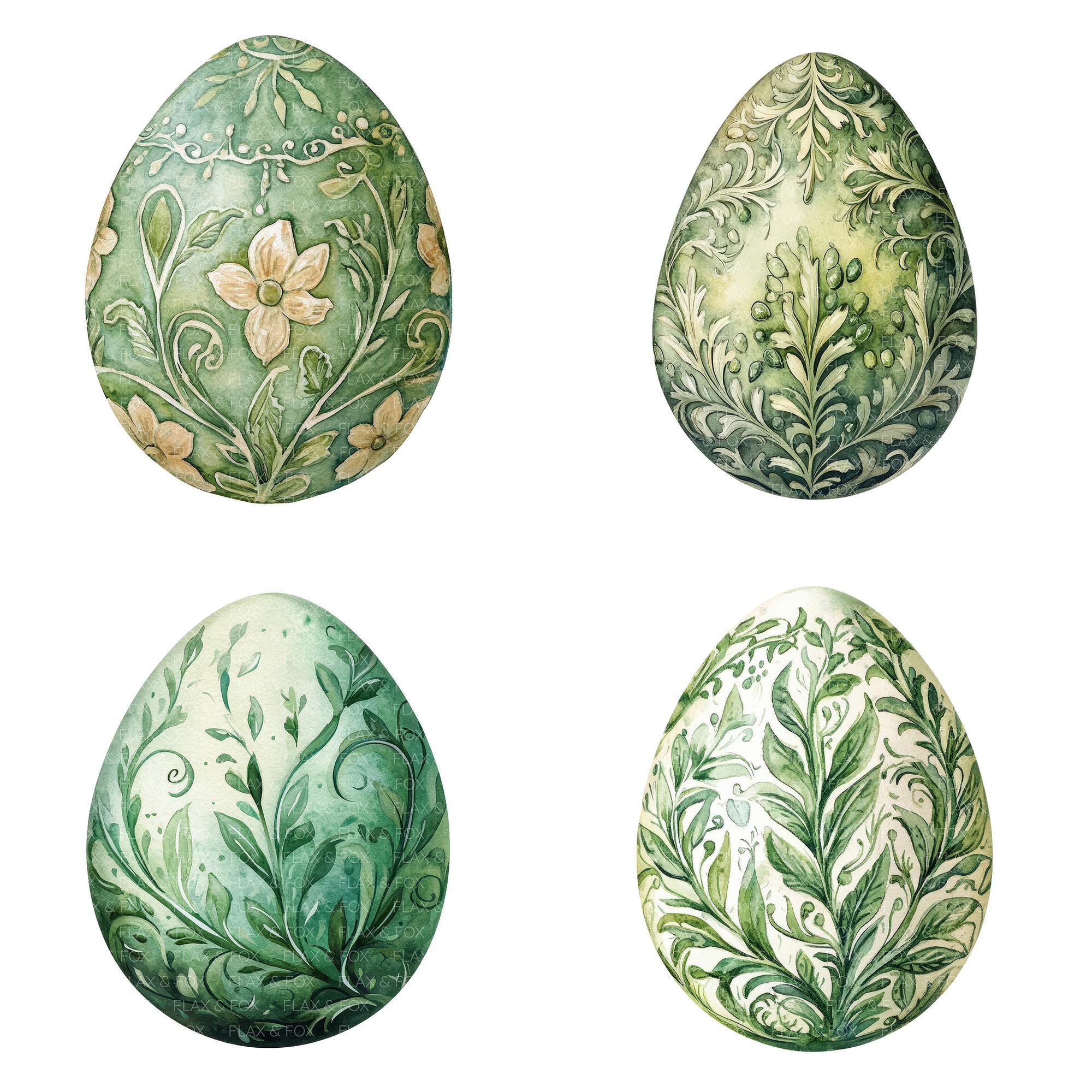 16 Floral Easter Eggs Clipart L Green Blue Ornament Eggs L JPG Digital ...