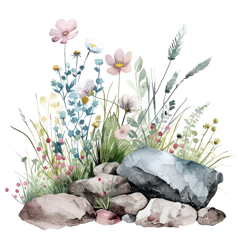 10 Wildflowers and Stones Clipart L Flowers L JPG Digital Download L ...