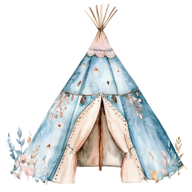 10 Blue Boho Tipy Tent Clipart L Bohemian Camping L JPG Digital ...