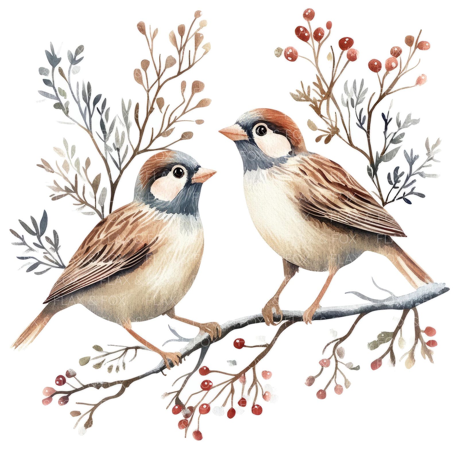 10 Two Sparrows Scandinavian Folk Clipart L Christmas Card Decor L JPG ...