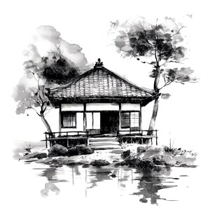 10 Black Ink Japanese House Clipart L Japan Sumi Ink Tree L JPG Digital ...