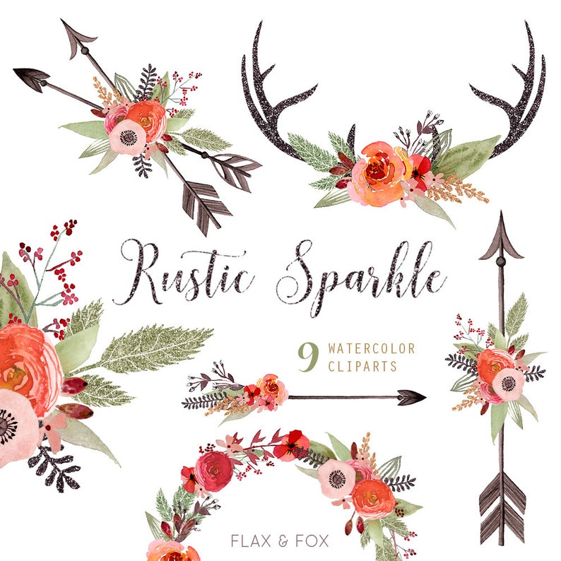 Rustic Sparkle Watercolor Bouquets, Wreath, Antlers, Arrows Hand ...