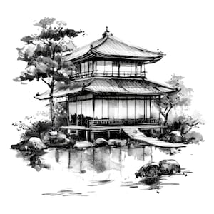 10 Black Ink Japanese House Clipart L Japan Sumi Ink Tree L JPG Digital ...