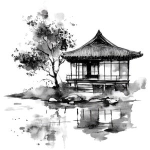 10 Black Ink Japanese House Clipart L Japan Sumi Ink Tree L JPG Digital ...