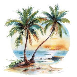 12 Tropical Beach Landscape Clipart L Sunset Palm Trees L JPG Digital ...