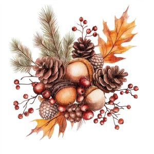 12 Autumn Leaves Acorns Pinecones Bouquet Clipart L Floral Arrangement ...