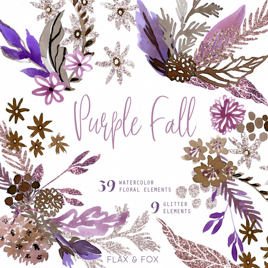 Purple Fall 48 Watercolor and Glitter Elements Hand Painted - Etsy