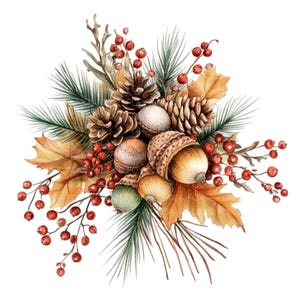 12 Autumn Leaves Acorns Pinecones Bouquet Clipart L Floral Arrangement ...
