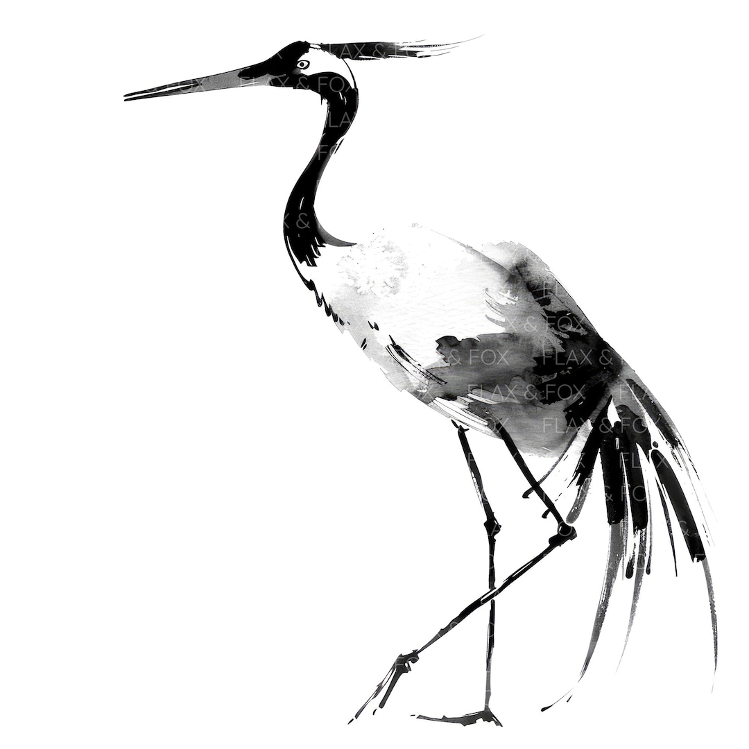 10 Black Ink Crane Clipart L Japanese Sumi Ink Bird L JPG Digital ...