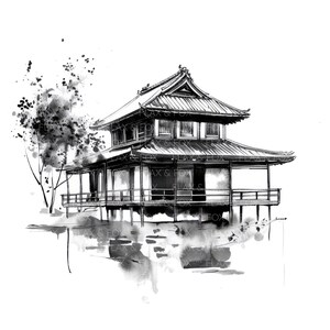 10 Black Ink Japanese House Clipart L Japan Sumi Ink Tree L JPG Digital ...