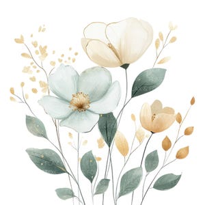 18 Abstract Boho Flowers Clipart L Mint Green Watercolor Gold Foil ...