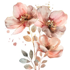 10 Abstract Flowers Clipart L Pink Blush Watercolor Gold Foil Floral L ...