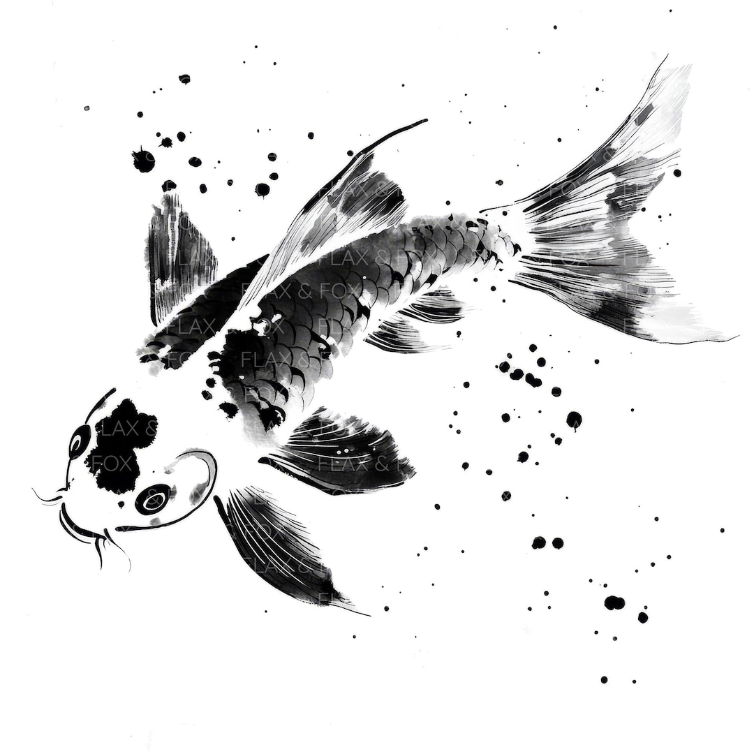 10 Black Ink Koi Fish Clipart L Japanese Sumi Ink Bird L JPG Digital ...