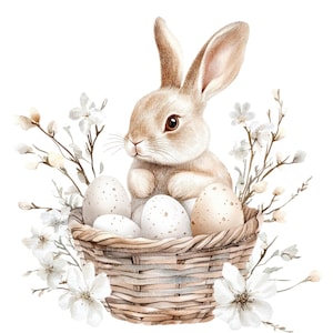 14 Easter Bunny Clipart L Bunny in Basket White Flowers L JPG Digital ...
