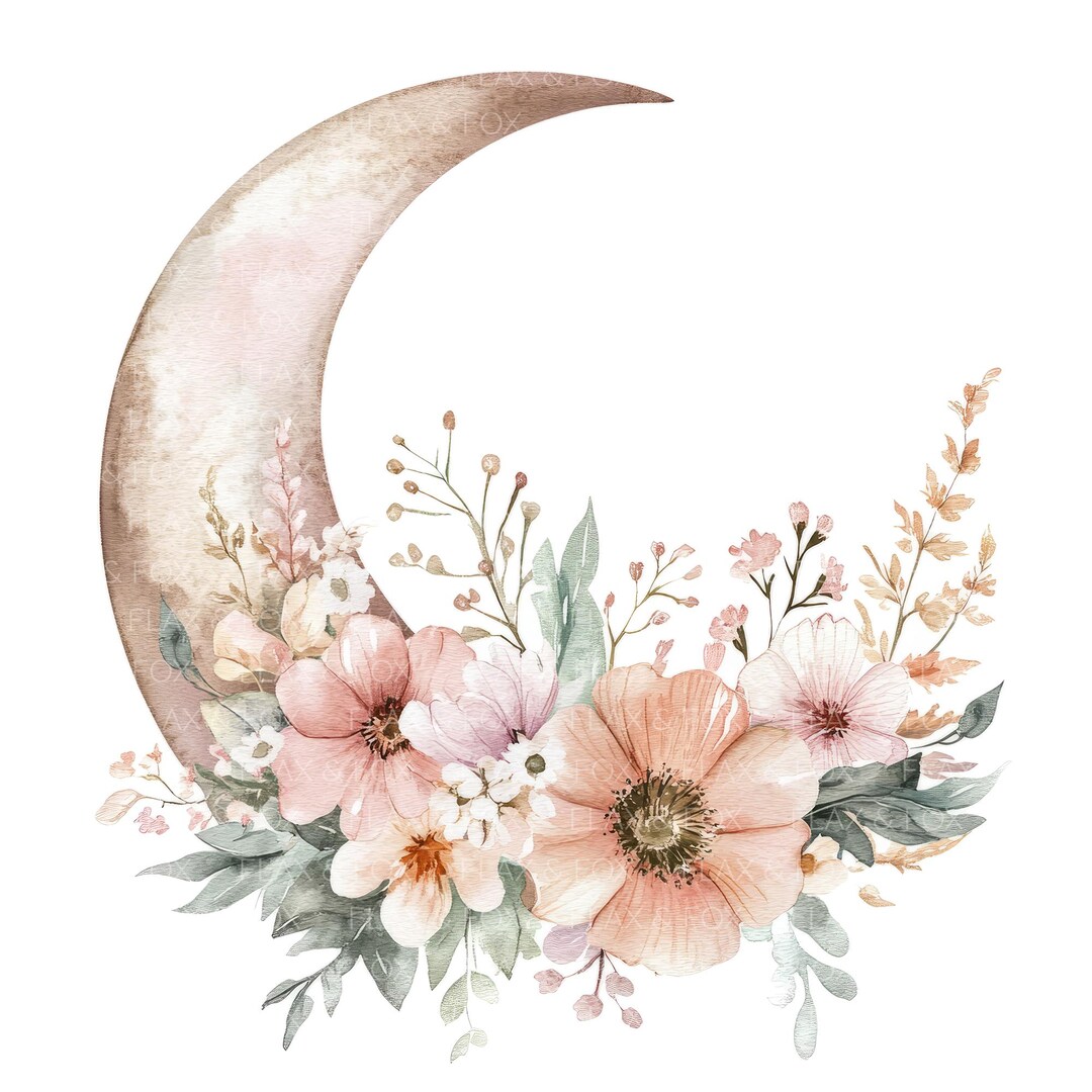 15 Boho Floral Moon Clipart L Pastel Flowers Moon L JPG Digital ...
