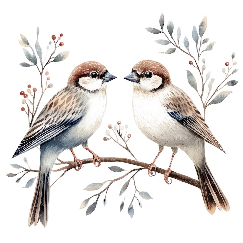 10 Two Sparrows Scandinavian Folk Clipart L Christmas Card Decor L JPG ...