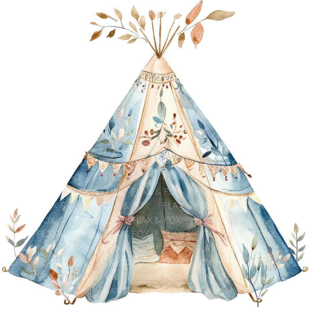 10 Blue Boho Tipy Tent Clipart L Bohemian Camping L JPG Digital ...