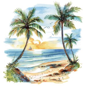 12 Tropical Beach Landscape Clipart L Sunset Palm Trees L JPG Digital ...