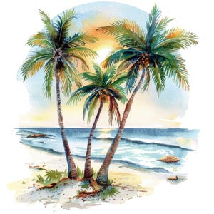 12 Tropical Beach Landscape Clipart L Sunset Palm Trees L JPG Digital ...