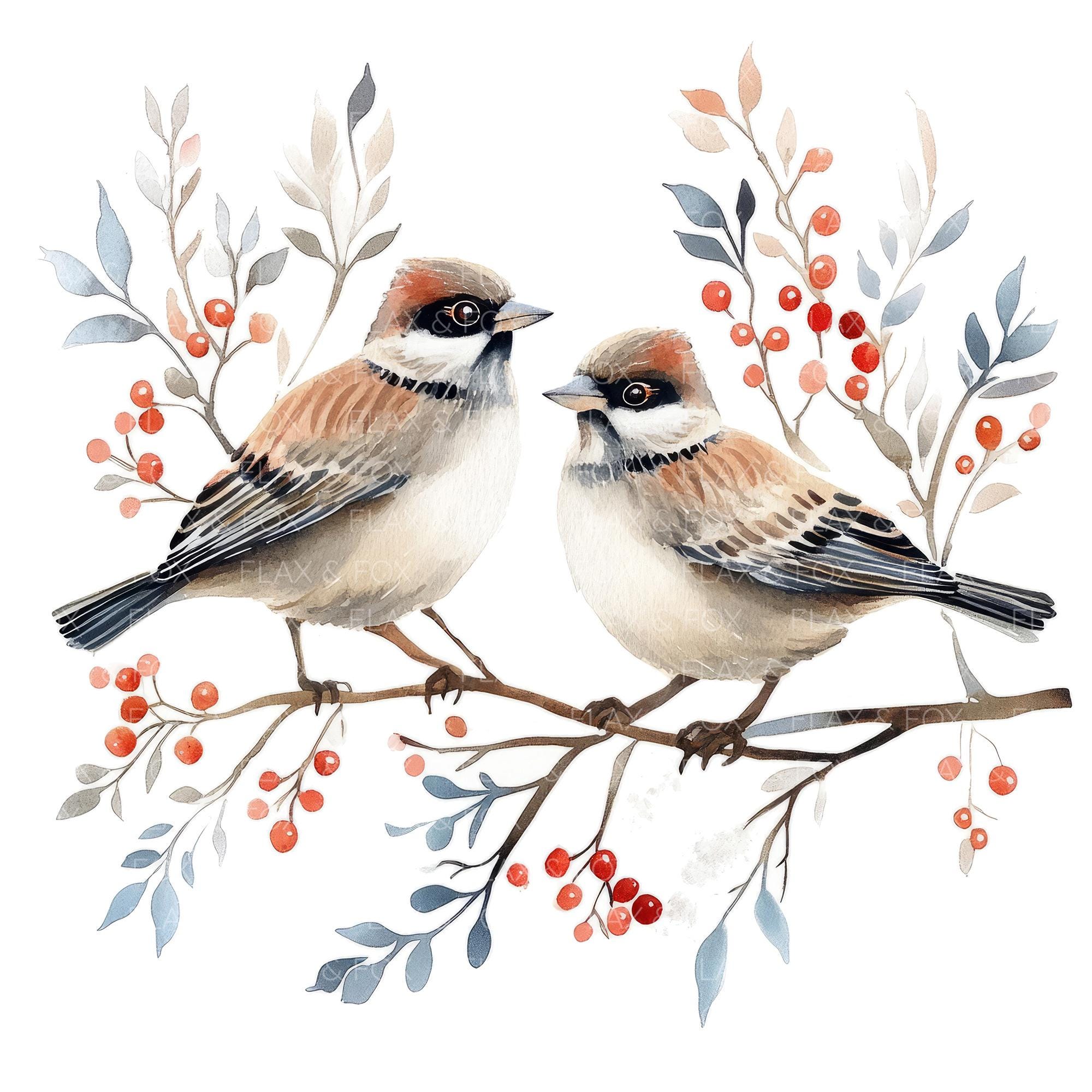 10 Two Sparrows Scandinavian Folk Clipart L Christmas Card Decor L JPG ...