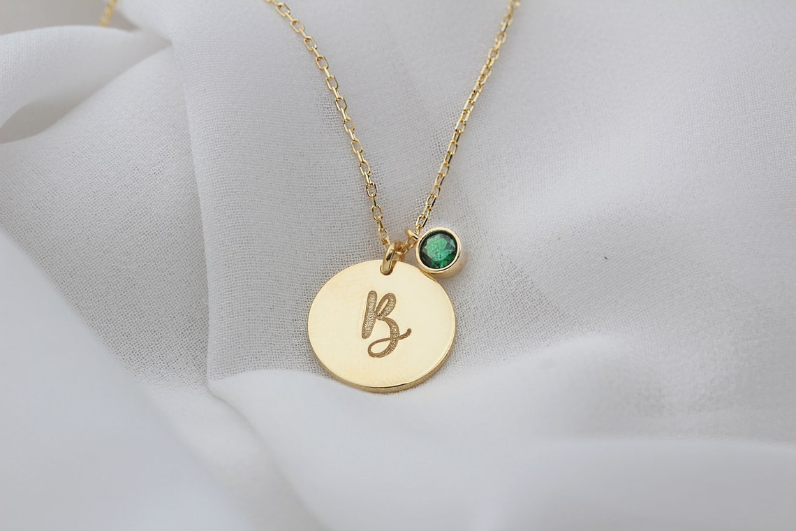 Birthstone Initial Necklace Birthstone Necklace Custom | Etsy