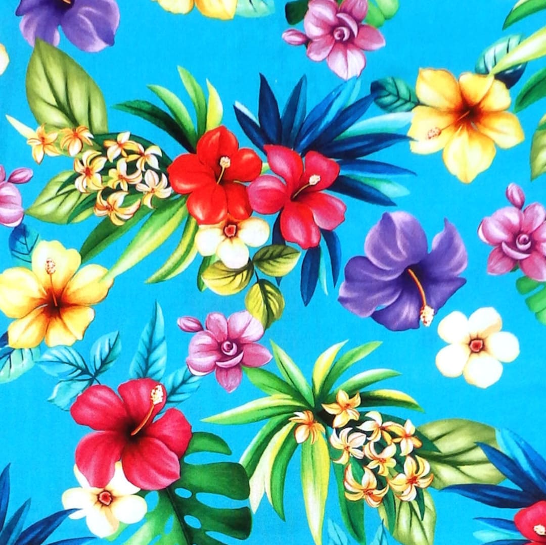 Aloha Tropical Hawaiian Floral Fabric Turquoise (per Half Metre ...
