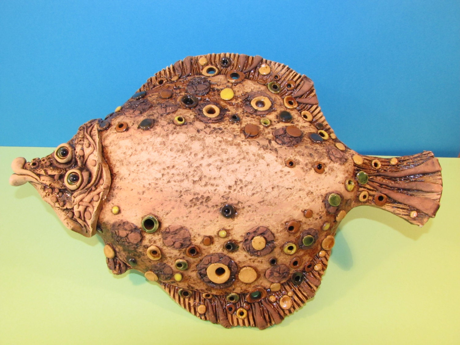 BIG FLOUNDER FISH Wall Pendant Home Decor Clay Unusual Ceramic Gift ...