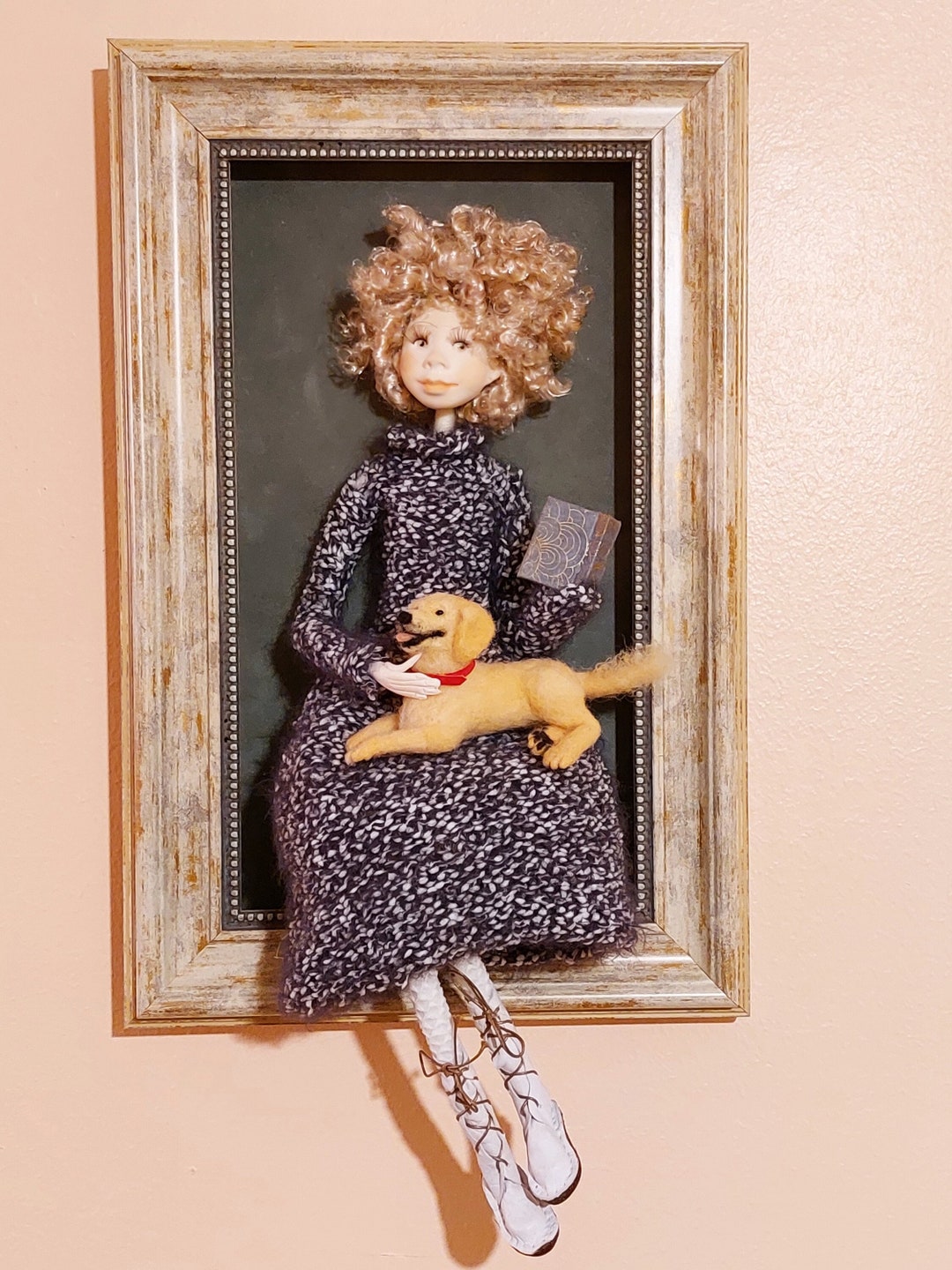 Reading Lady With Dog Art Doll in Frames, Stylish Home Decor, With ...