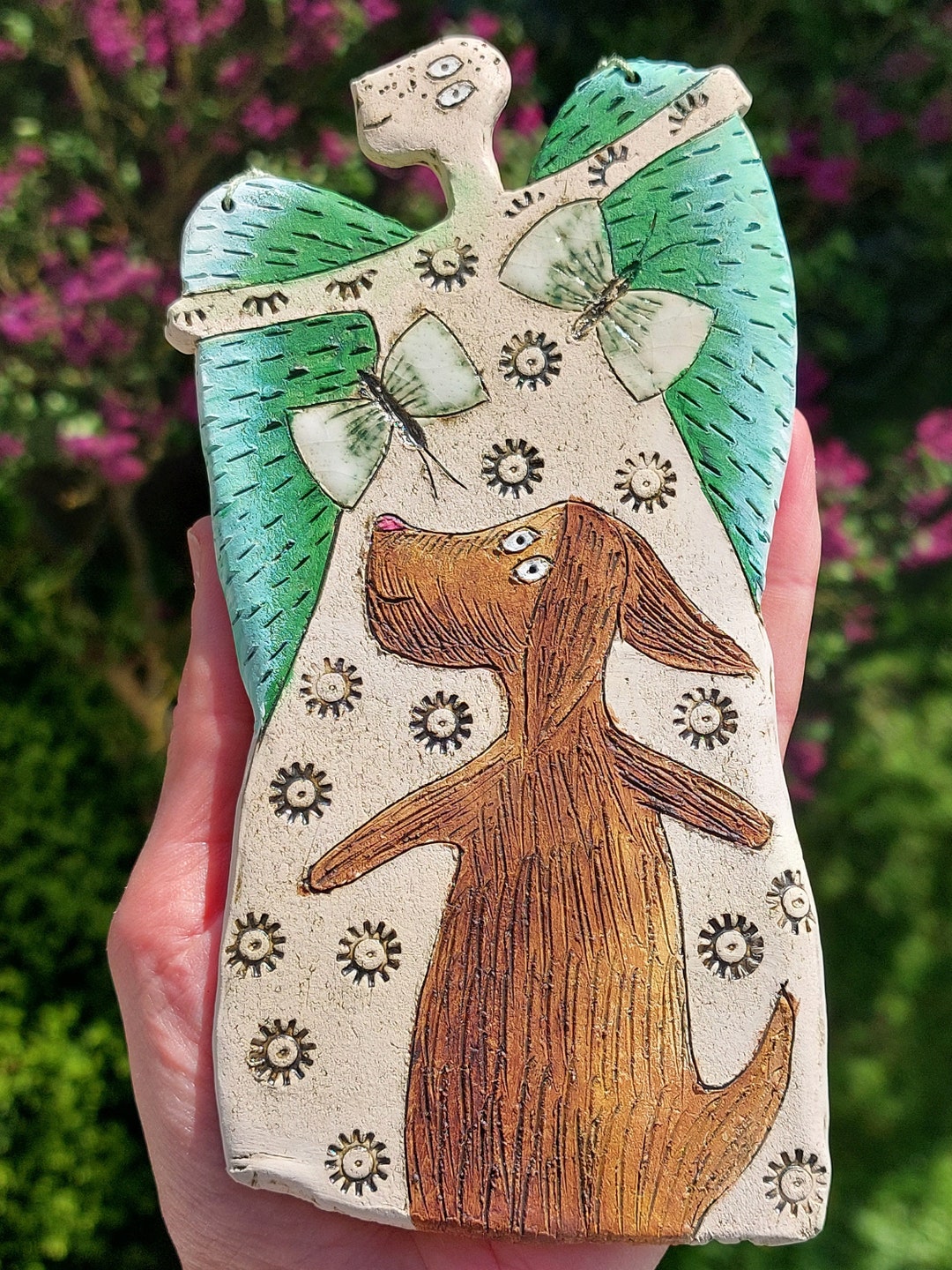 Angel With Dog Ceramic Figurine, Wall Hanging Home Décor, Present for ...