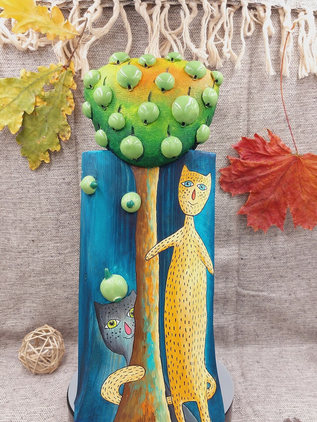Ceramic and Wood Picture With 2 Cats and Apple Tree - Handmade Home ...