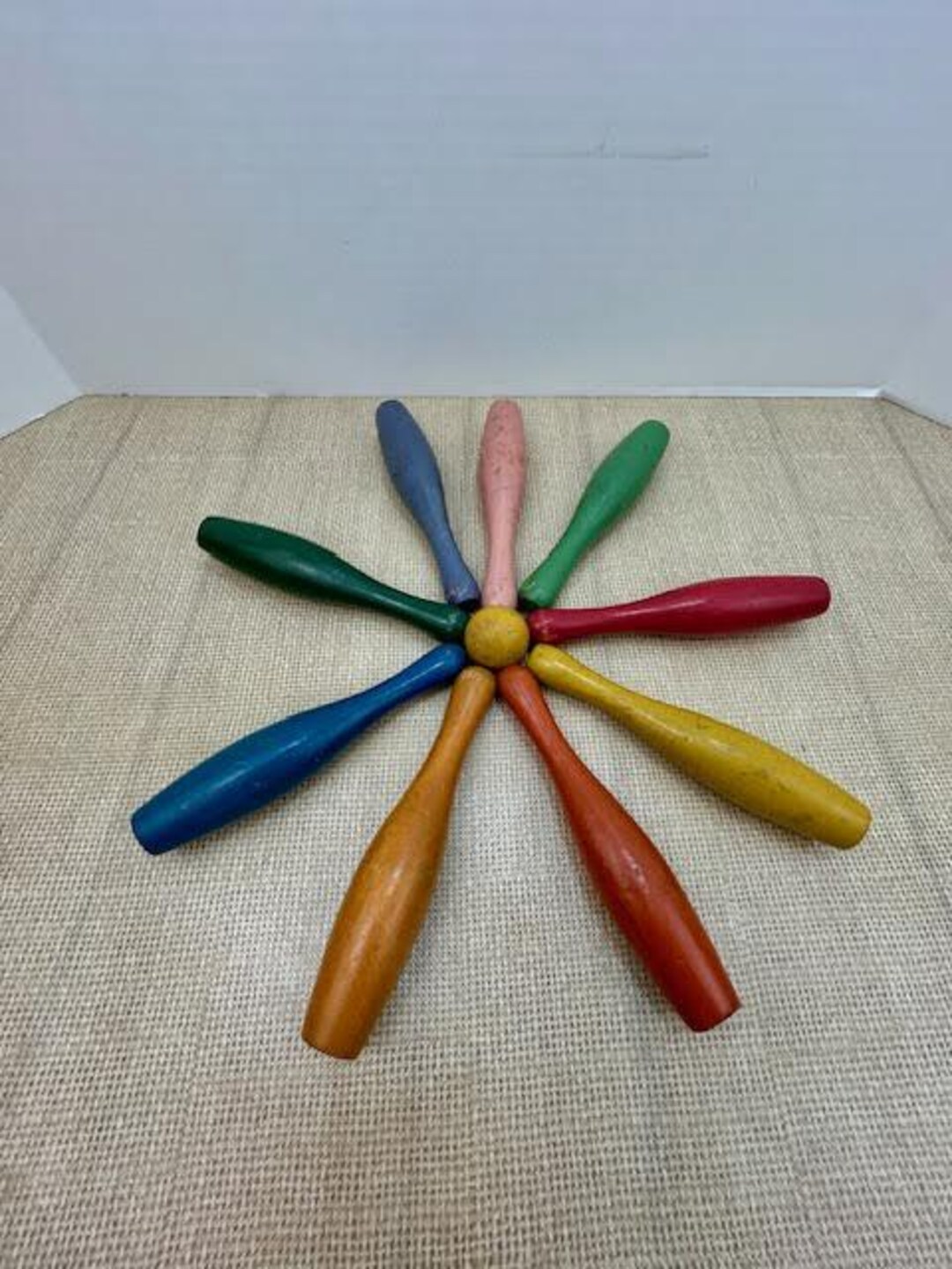 Vintage 'ten Pins' Wooden Bowling Pins With Ball, Colored Wood 'ten Pin ...