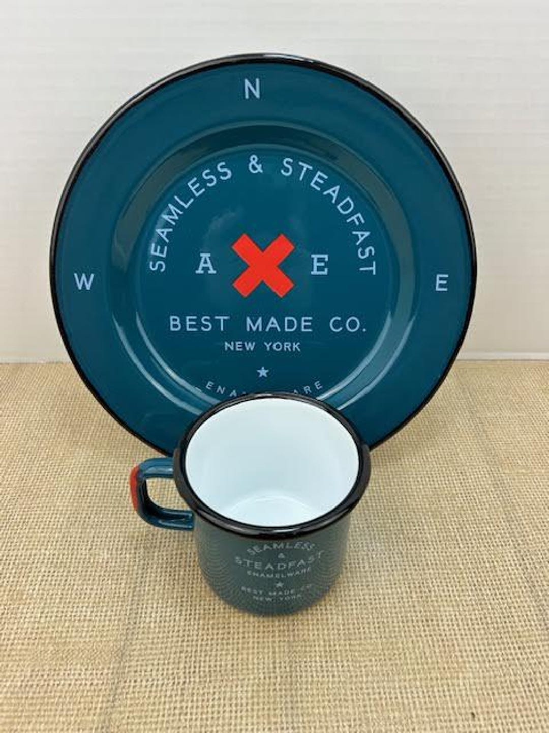 Seamless & Steadfast Best Made New York Enamelware Plate and Cup, Teal Blue Seamless and ...