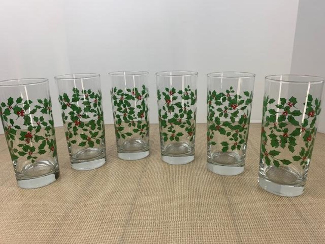 Set of 6 Holly Christmas Glasses, Holly Glass Set for Christmas ...