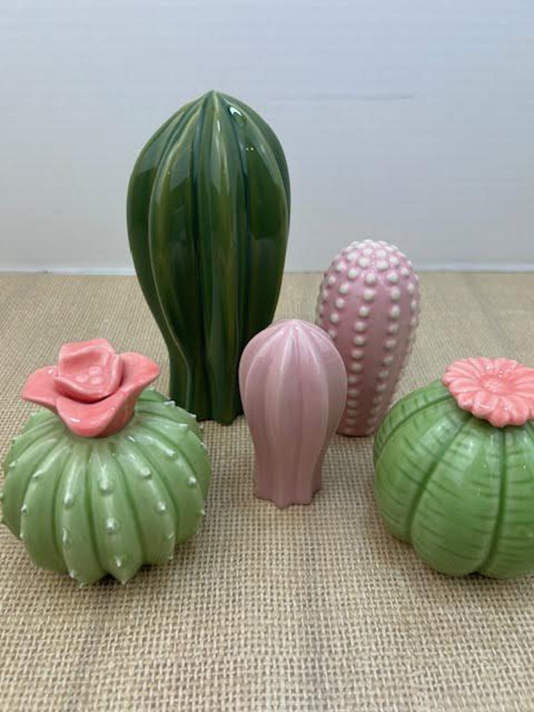 Set of 5 Ceramic Cacti Figurines, Flowering Cacti Figurines, Ceramic ...