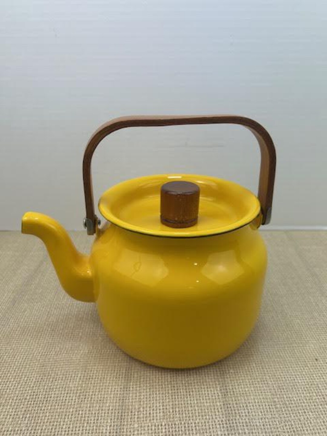 MCM Goldenrod Enamel Teakettle With Wood Handle and Knob, Beautiful ...