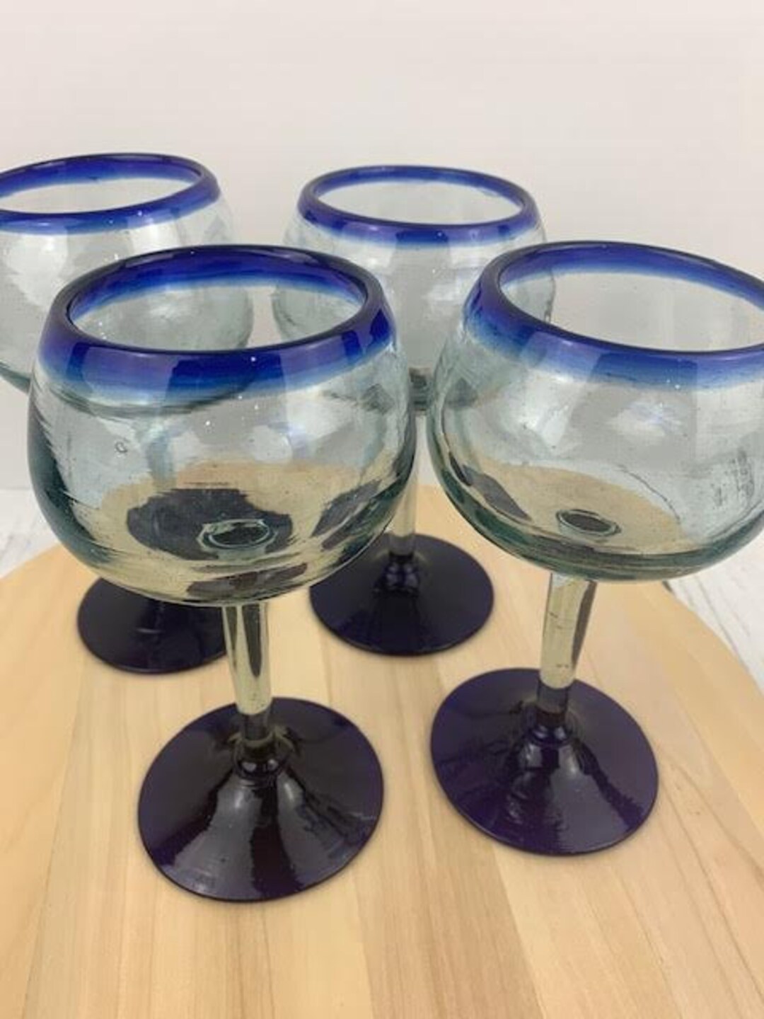 Set of 4 Gorgeous Blown Glass Globe Goblets, Blue Rimmed Globe Goblets ...