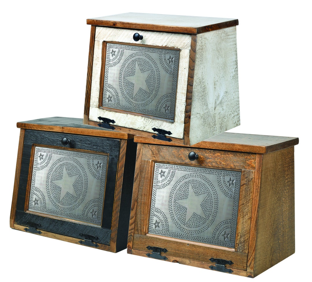 Rustic Wood Bread Box Large Kitchen Counter Storage Punched Star Tin ...