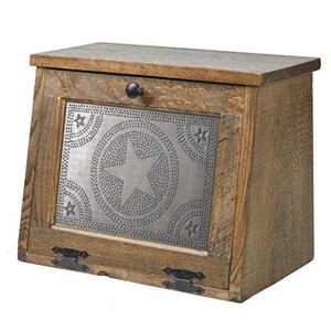 Rustic Wood Bread Box Large Kitchen Counter Storage Punched Star Tin ...